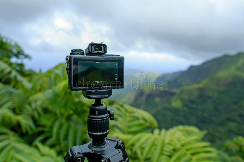 Mirrorless Camera on Tripod Capturing Breathtaking Mountain View Stock ...