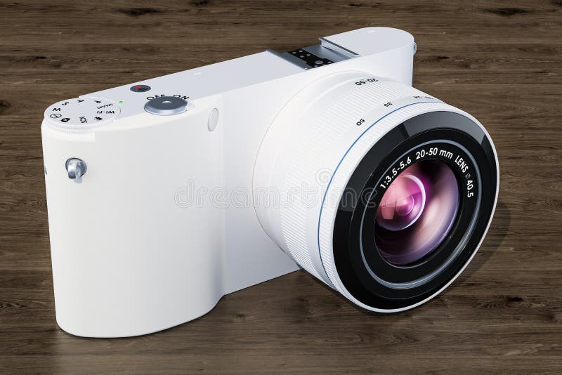 Mirrorless Digital Camera on the Wooden Table, 3D Rendering Stock Image ...