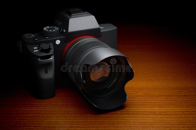 Mirrorless Interchangeable-lens Camera. Digital Camera on Wooden Table ...