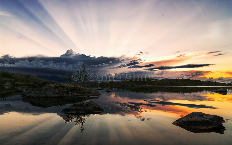 Mirrors Sunset on a Water in the August Stock Photo - Image of paints ...