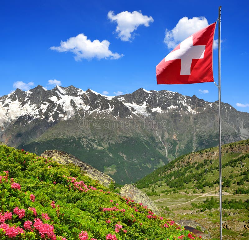 Flag of Switzerland Against Swiss Alps Stock Image - Image of alpine ...