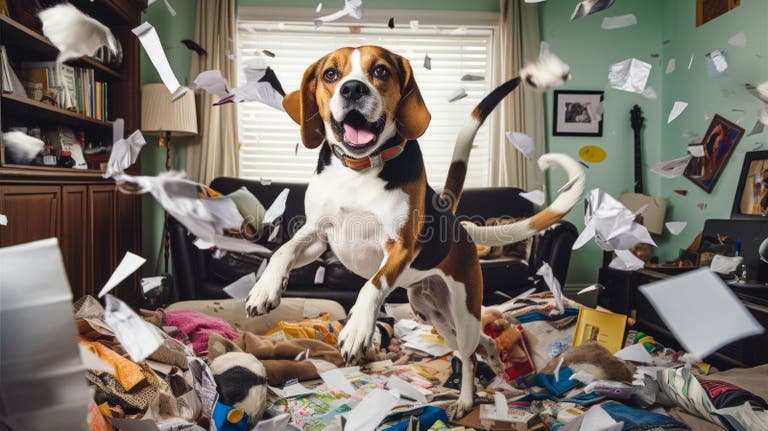 Mischievous Beagle Causing a Paper Mess in the Office. Generative Ai ...