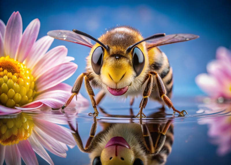 Mischievous Bee Sips Nectar Admiring Reflection in Dewdrop Stock ...