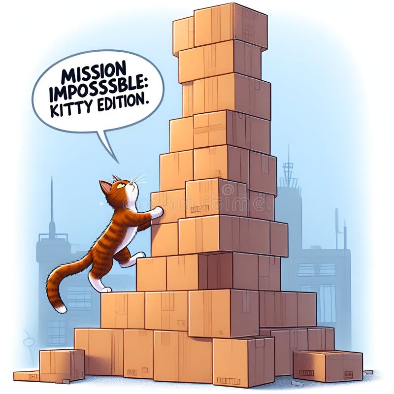 A Mischievous Cat Attempting, To Conquer a Towering Stackof Empty Boxes ...