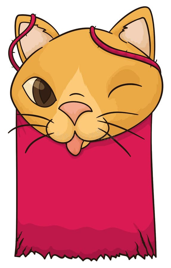 Mischievous Cat Face Over Ragged Fabric and Strings, Vector ...