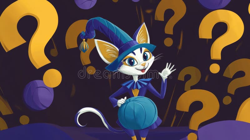 Mischievous Cat in Jester Hat with Pumpkin Against Playful Question ...