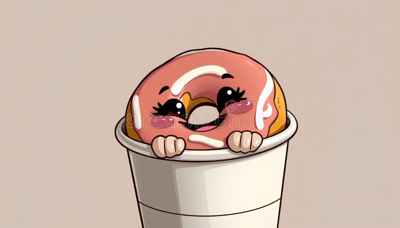 Mischievous Donut Character Hiding Inside a Takeout Coffee Cup, Peeking ...