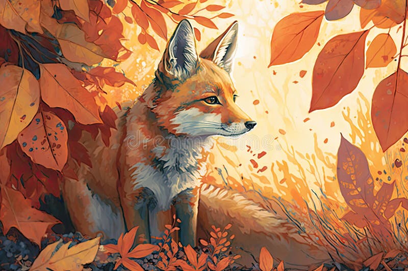 A Mischievous Fox Playing in the Leaves, with a Watercolor Background ...