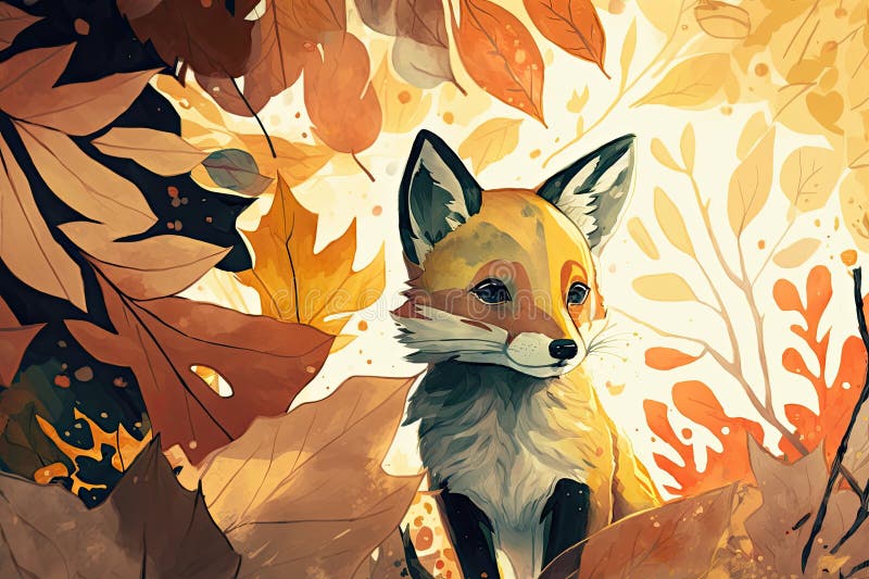 A Mischievous Fox Playing in the Leaves, with a Watercolor Background ...