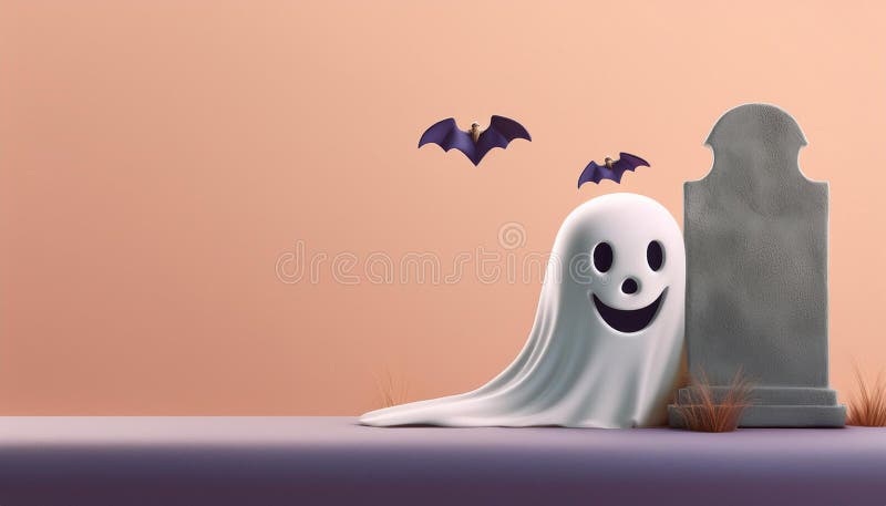 A Mischievous Ghost Peeking Out from Behind a Tombstone, with a Bat ...
