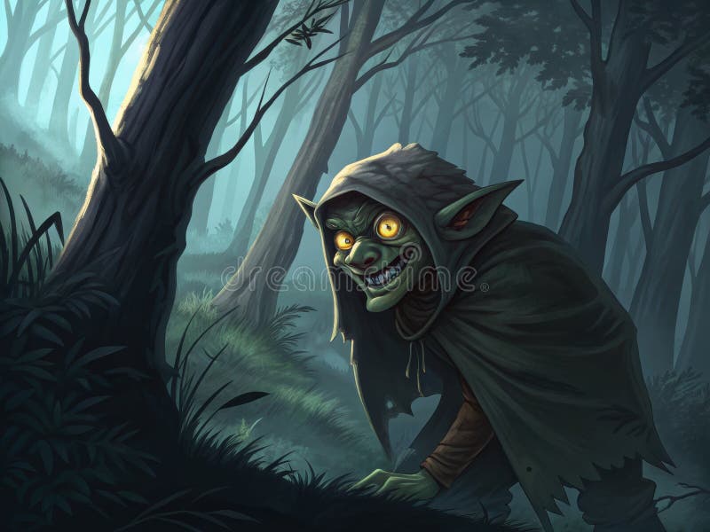Mischievous Goblin Sneaking through Dark Forest, Illuminated by Eerie ...