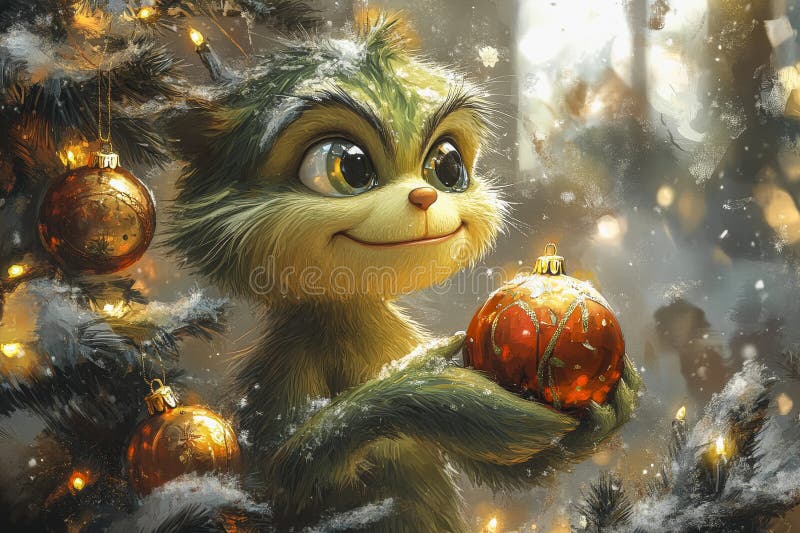 Mischievous Green Creature Stealing Christmas Ornament by Festive Tree ...