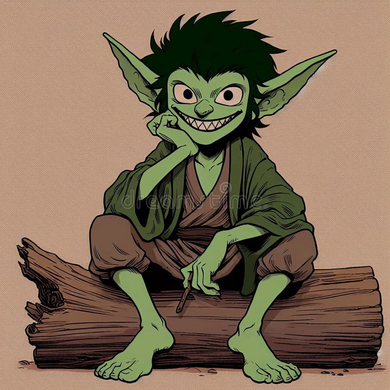 Mischievous Green Goblin on a Log Stock Illustration - Illustration of ...