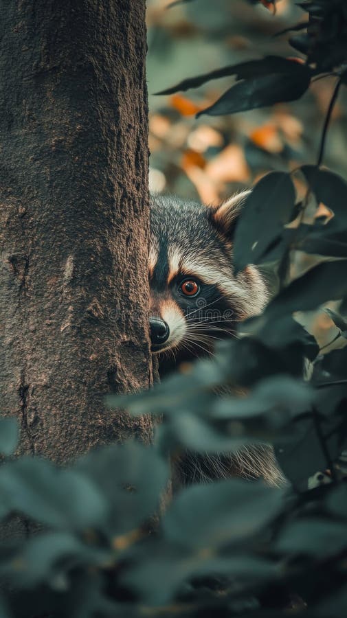 With a Mischievous Look, a Curious Raccoon Peeks Out from Behind a Tree ...