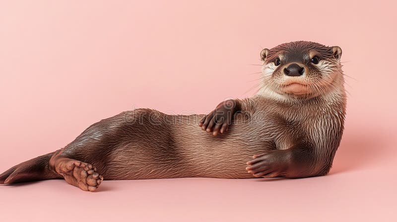 Mischievous Otter Lying Light Pink Background Facing Sideways Stock ...