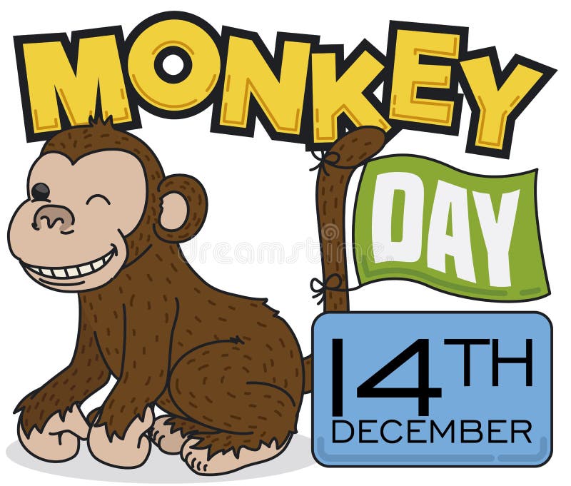 Mischievous Primate Celebrating Monkey Day with Flag and Sign, Vector ...
