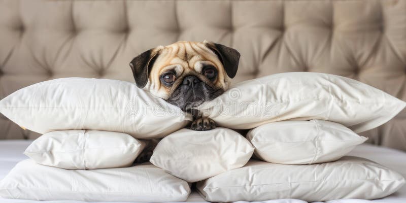 Mischievous Pug Peeking Out from Behind a Pile of Pillows, Bed in ...