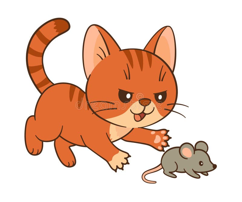 Mischievous Red Tabby Cat Chasing Small Gray Mouse. Cute Ginger Tabby ...