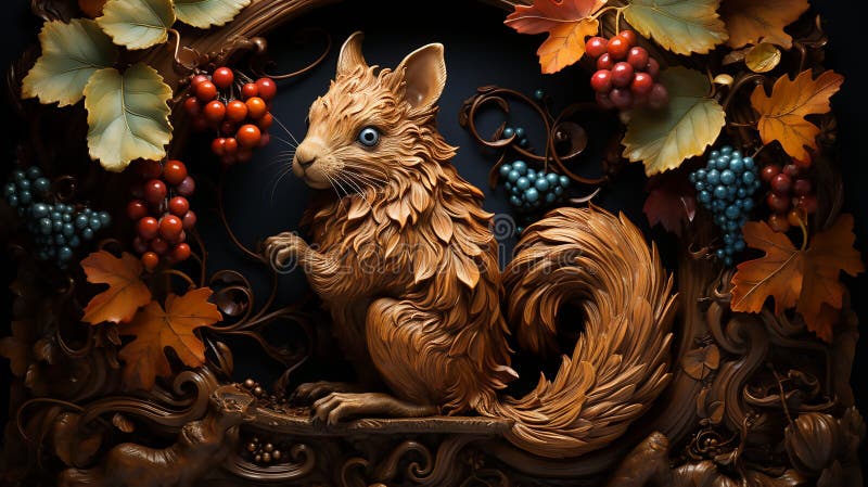 A Mischievous Squirrel Gathering Acorns in an Oak Tree, Tile Art Stock ...