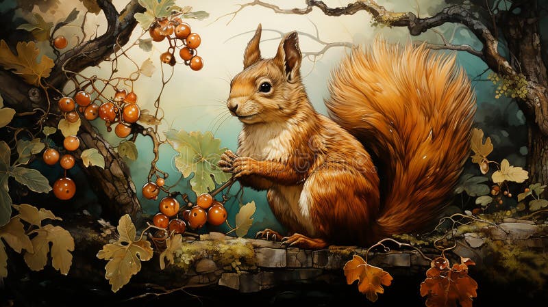 A Mischievous Squirrel Gathering Acorns in an Oak Tree, Tile Art Stock ...