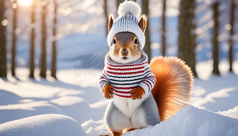 A Mischievous Squirrel Sporting a Cozy Knit Hat and Sweater Braves the ...
