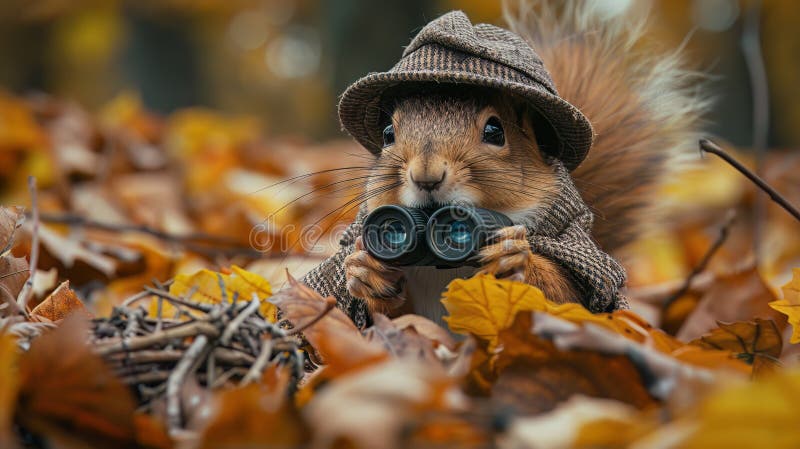 A Mischievous Squirrel Wearing a Detective Hat Using Binoculars To Spy on a Bird Nest Surrounded ...