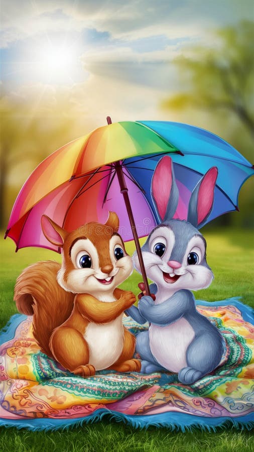 Mischievous Two Squirrel with Tiny Umbrella. Ai Generated. Stock Illustration - Illustration of ...