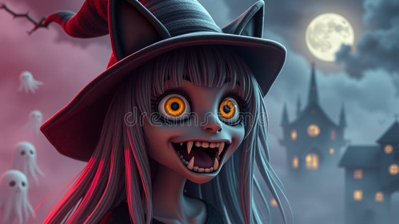 A Mischievous Witch with Glowing Eyes and Fangs Grins Under a Full Moon ...