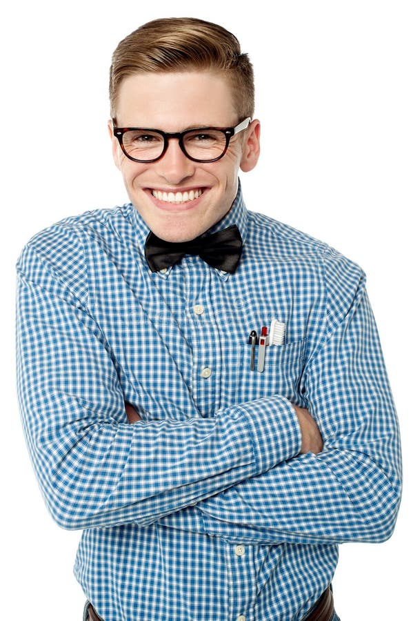 Smiling nerd pointing away stock image. Image of happy - 33859847