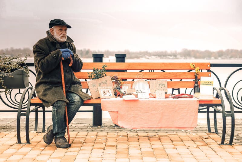 Miserable Cold Poor Man Sitting on Bench in Park Stock Photo - Image of ...