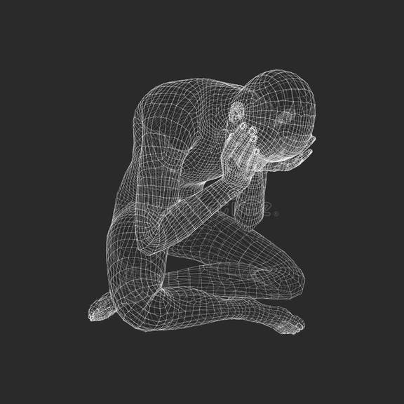 Miserable Depressed Man Sitting and Thinking. Man in a Thinker Pose. 3D ...