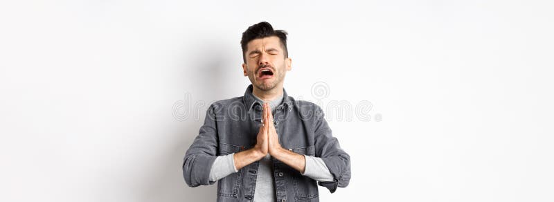 Miserable Man Begging for Help, Need Something and Crying, Pleading ...