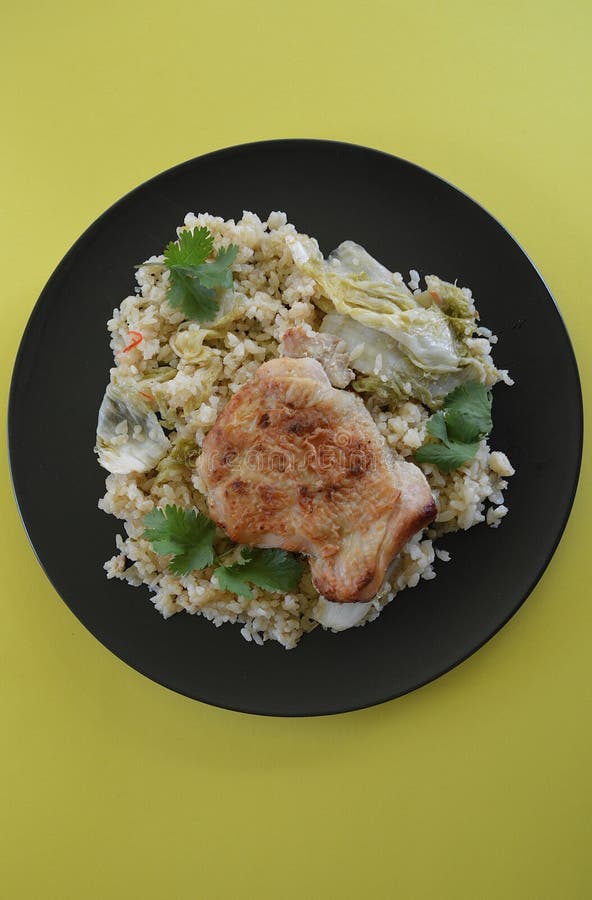 Miso Chicken with Braised Cabbage and Rice Stock Image - Image of asian ...