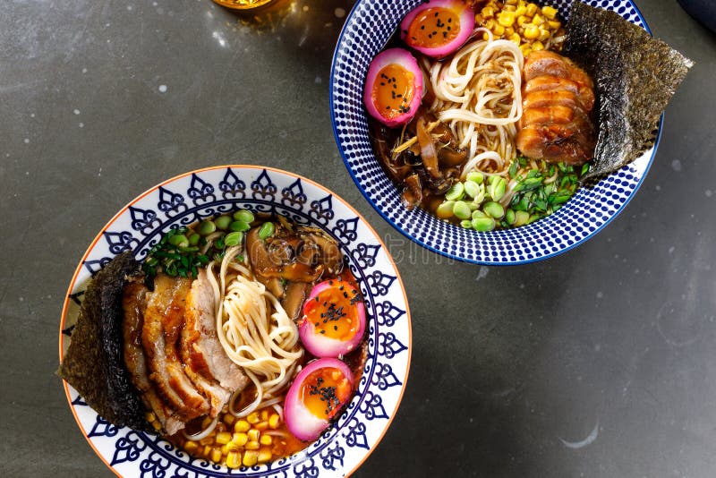 Miso Soup with Eel Mushrooms Eggs Vegetables and Udon Noodles Stock ...