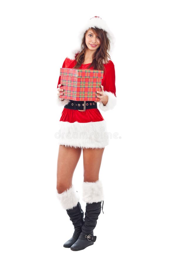 Miss Santa with gift box stock photo. Image of light - 21924632