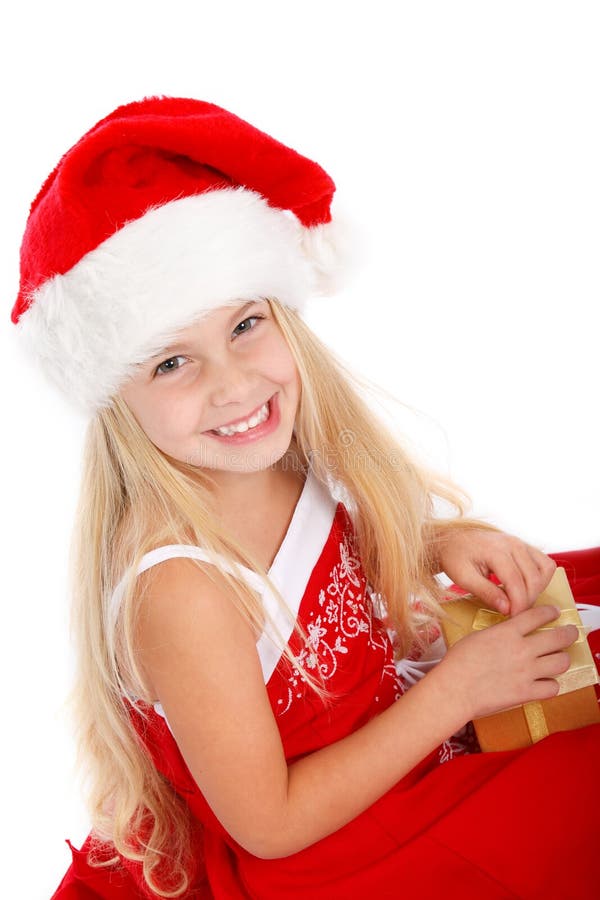Miss santa with a gift stock photo. Image of golden, bright - 45648640