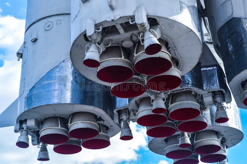 Missile Engine First Step of Space Rocket. Close Up. on Sky Background ...