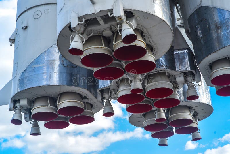 Missile Engine First Step of Space Rocket. Close Up. on Sky Background ...