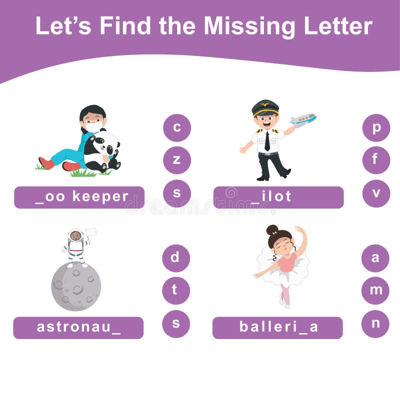 Missing Letter Worksheet with Kidsâ€™ Dream Profession. Educational ...