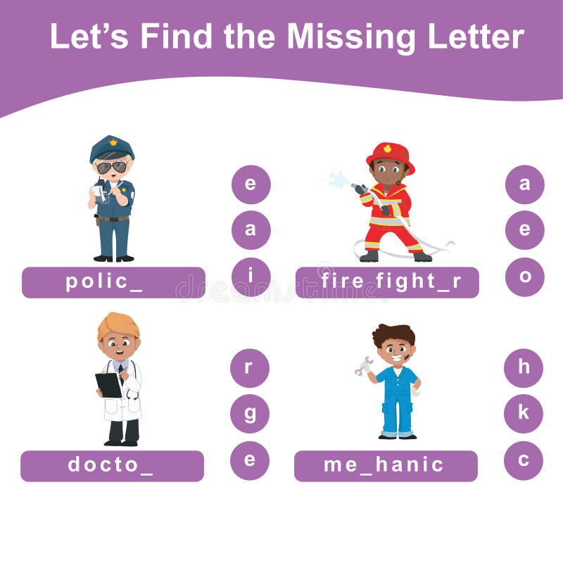 Missing Letter Worksheet with Kidsâ€™ Dream Profession. Educational ...