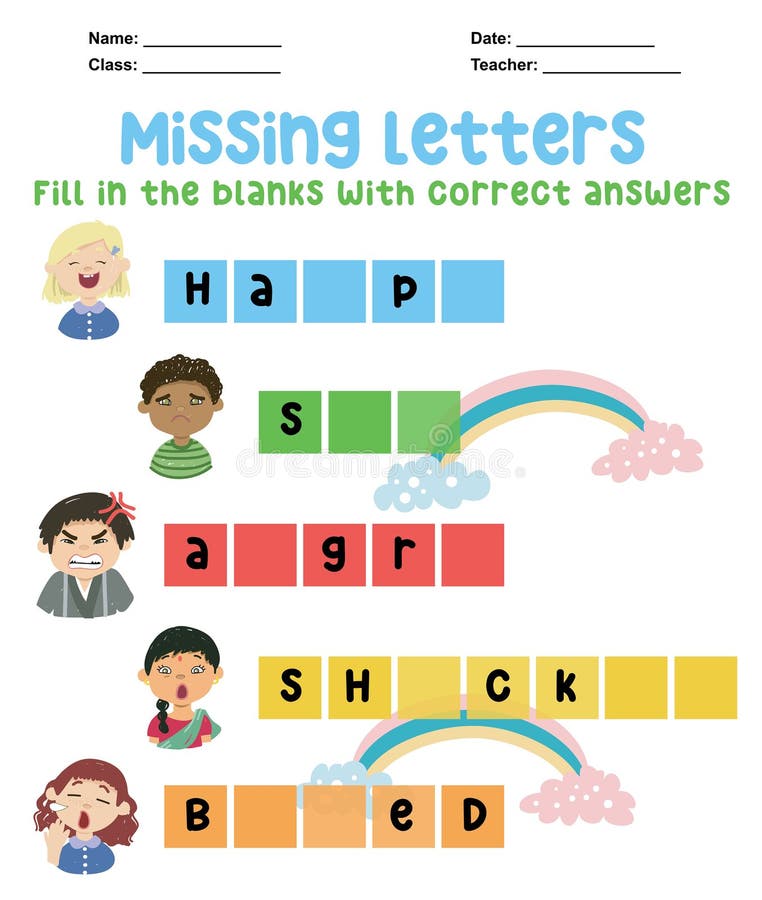Complete the Missing Letters of Feelings in English Stock Vector ...