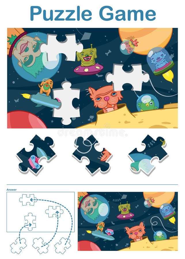 Missing Piece Puzzle Game with Alien Space Animals Stock Vector ...
