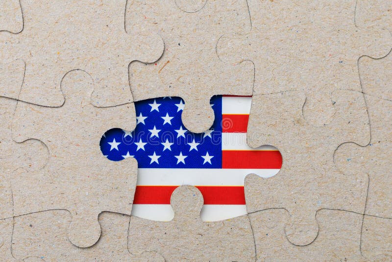 Missing Puzzle Piece and Framed US Flag. Background with Copy Space ...