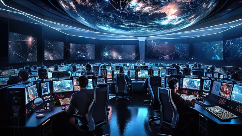 A Mission Control Room Full of Computer Monitors and People Watching ...