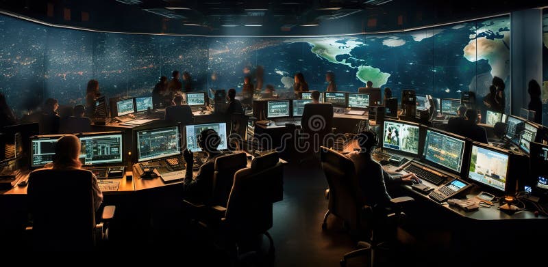 A Mission Control Room Full of Computer Monitors and People Watching ...