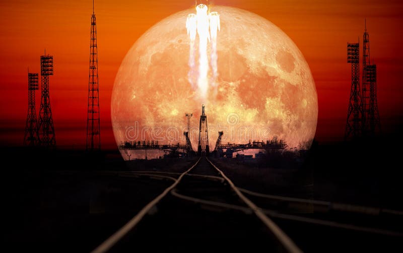Mission To Moon. Spaceship Launch Stock Photo - Image of railroad ...