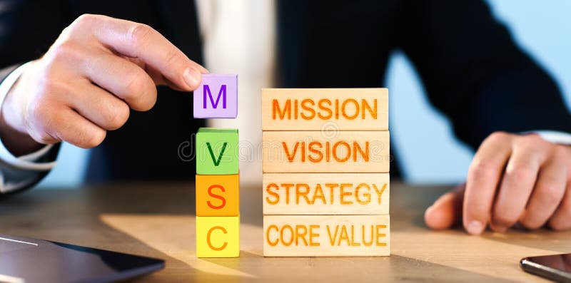 MISSION, VISION, CORE VALUE, STRATEGY Concept. Man Stacks Wooden Blocks ...
