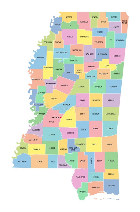 Mississippi, U.S. State, Subdivided into 82 Counties, Multi Colored Map ...