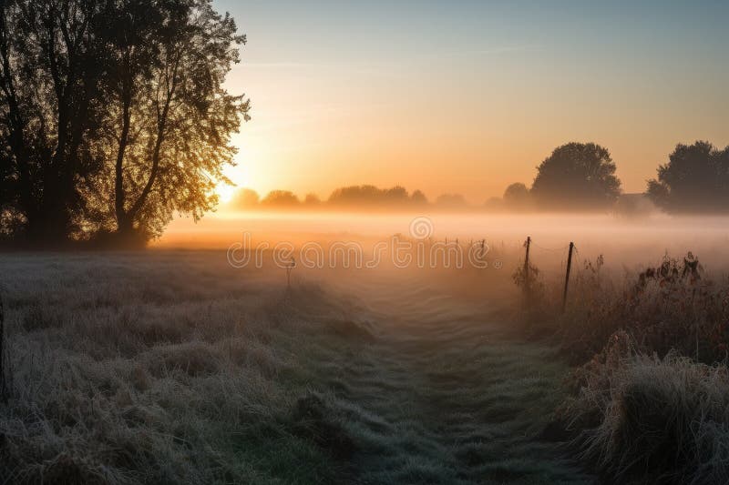 Mist-covered Field, with the Sun Rising Over the Horizon Stock ...