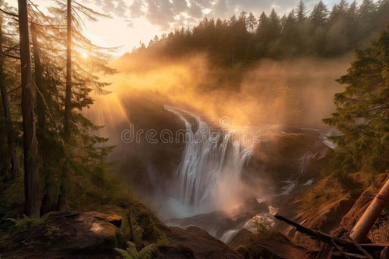 Mist-covered Forest with a Waterfall and Sunrise in the Background ...
